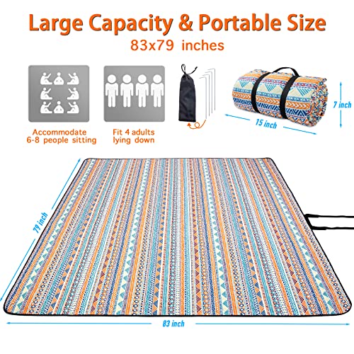 PY SUPER MODE Picnic Blankets Extra Large, Waterproof Foldable Outdoor Beach Blanket Oversized 83x79” Sandproof, 3-Layer Picnic Mat for Camping, Hiking, Travel, Park, Concerts(Orange Boho)