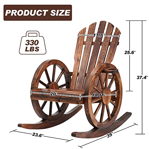 Spurgehom Outdoor Wood Rocking Chair, Wagon Wheel Decor Armrest Yard Glider Rocking Patio Chair with Slatted Design, Adirondack Rocking Chair for Porch Lawn Garden Balcony Poolside, Brown