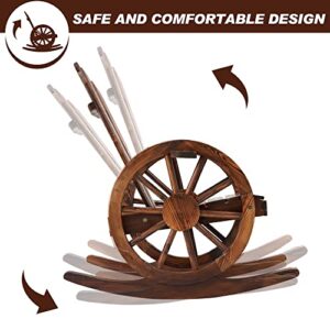 Spurgehom Outdoor Wood Rocking Chair, Wagon Wheel Decor Armrest Yard Glider Rocking Patio Chair with Slatted Design, Adirondack Rocking Chair for Porch Lawn Garden Balcony Poolside, Brown