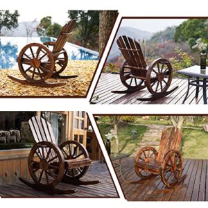 Spurgehom Outdoor Wood Rocking Chair, Wagon Wheel Decor Armrest Yard Glider Rocking Patio Chair with Slatted Design, Adirondack Rocking Chair for Porch Lawn Garden Balcony Poolside, Brown