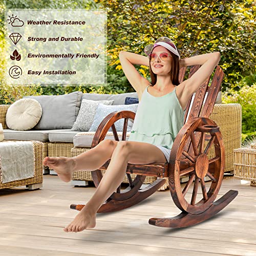 Spurgehom Outdoor Wood Rocking Chair, Wagon Wheel Decor Armrest Yard Glider Rocking Patio Chair with Slatted Design, Adirondack Rocking Chair for Porch Lawn Garden Balcony Poolside, Brown