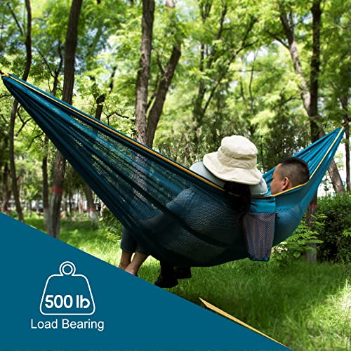 LAISHSNAIL Camping Hammock with Neck Pillow, Portable Mesh Ice-Silk Polyester Outdoor Double Hammocks with 2 Tree Straps, 500 lbs Load Capacity, Perfect for Camping Outdoor/Indoor Patio(Blue)