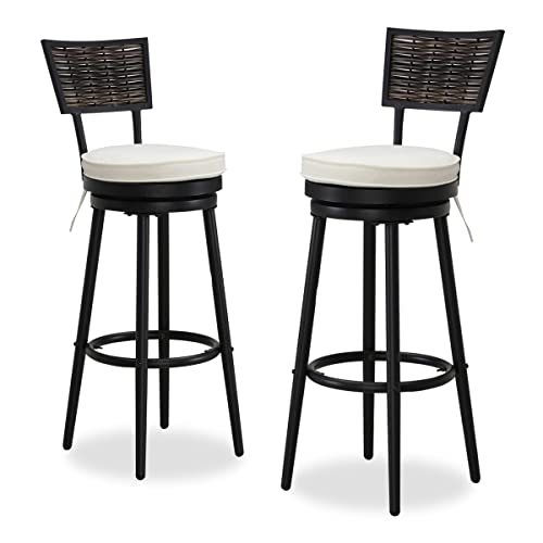 TOP HOME SPACE Patio Swivel Bar Stools Indoor-Outdoor Bar Height Chairs All Weather Cushioned Metal Armless Garden Furniture Bar Dining Chair with Rattan Back - Set of 2