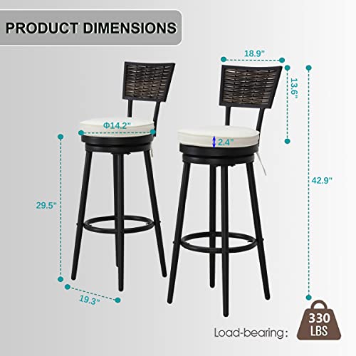 TOP HOME SPACE Patio Swivel Bar Stools Indoor-Outdoor Bar Height Chairs All Weather Cushioned Metal Armless Garden Furniture Bar Dining Chair with Rattan Back - Set of 2