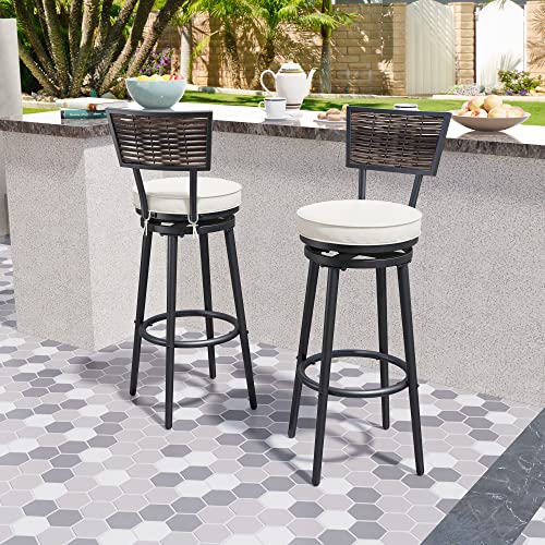 TOP HOME SPACE Patio Swivel Bar Stools Indoor-Outdoor Bar Height Chairs All Weather Cushioned Metal Armless Garden Furniture Bar Dining Chair with Rattan Back - Set of 2