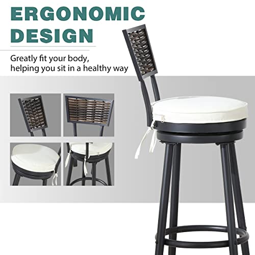 TOP HOME SPACE Patio Swivel Bar Stools Indoor-Outdoor Bar Height Chairs All Weather Cushioned Metal Armless Garden Furniture Bar Dining Chair with Rattan Back - Set of 2