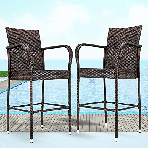 JOYBASE Outdoor Bar Stools Set of 2, Patio Stools, Tall Patio Chairs, Wicker Rattan Outside Barstool with Back and Armrest (Brown)