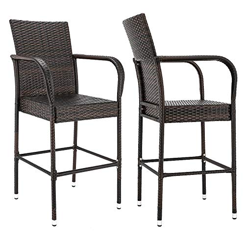 JOYBASE Outdoor Bar Stools Set of 2, Patio Stools, Tall Patio Chairs, Wicker Rattan Outside Barstool with Back and Armrest (Brown)