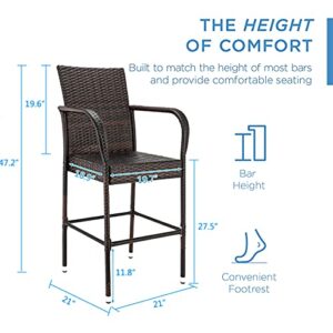 JOYBASE Outdoor Bar Stools Set of 2, Patio Stools, Tall Patio Chairs, Wicker Rattan Outside Barstool with Back and Armrest (Brown)