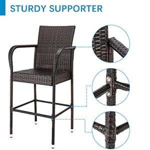 JOYBASE Outdoor Bar Stools Set of 2, Patio Stools, Tall Patio Chairs, Wicker Rattan Outside Barstool with Back and Armrest (Brown)