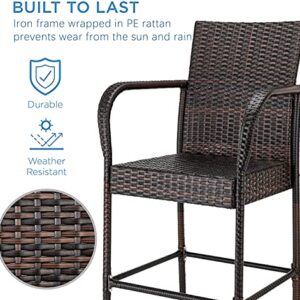 JOYBASE Outdoor Bar Stools Set of 2, Patio Stools, Tall Patio Chairs, Wicker Rattan Outside Barstool with Back and Armrest (Brown)