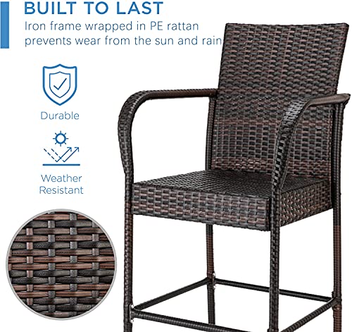 JOYBASE Outdoor Bar Stools Set of 2, Patio Stools, Tall Patio Chairs, Wicker Rattan Outside Barstool with Back and Armrest (Brown)