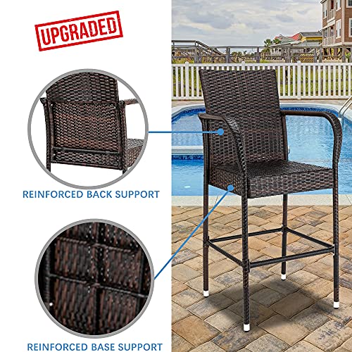 JOYBASE Outdoor Bar Stools Set of 2, Patio Stools, Tall Patio Chairs, Wicker Rattan Outside Barstool with Back and Armrest (Brown)