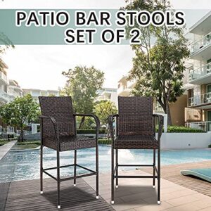 JOYBASE Outdoor Bar Stools Set of 2, Patio Stools, Tall Patio Chairs, Wicker Rattan Outside Barstool with Back and Armrest (Brown)