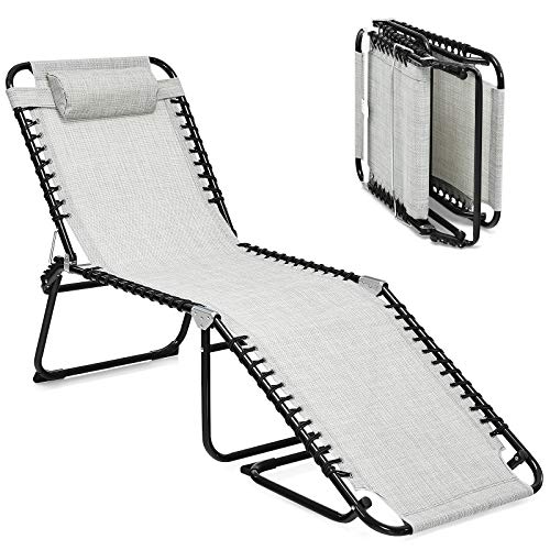 GYMAX Adjustable Chaise Lounge, Folding Lightweight Patio Recliner with Removable Pillow, Poolside Beach Sunbathing Chair for Outdoor/Indoor (Grey)