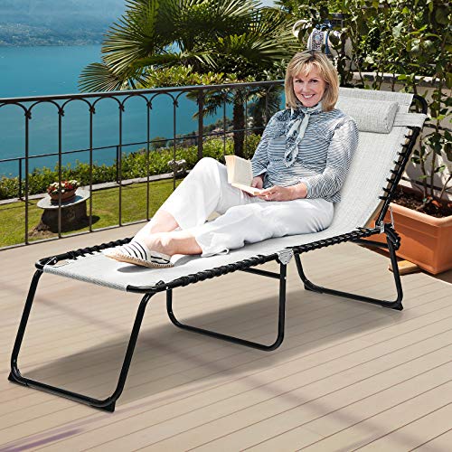 GYMAX Adjustable Chaise Lounge, Folding Lightweight Patio Recliner with Removable Pillow, Poolside Beach Sunbathing Chair for Outdoor/Indoor (Grey)