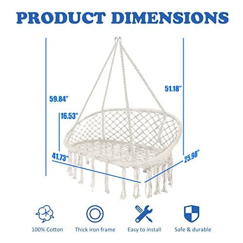 Grassman Hammock Chair Macrame Swing, Macrame Indoor Outdoor Hanging Chair Swing Handmade Knitted Mesh Two Person