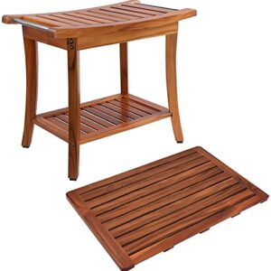 Teak Shower Bench Seat with Shower Mat,Portable Spa Bathing Stool and Bath Mat, Waterproof, Perfect for Indoor and Outdoor Use