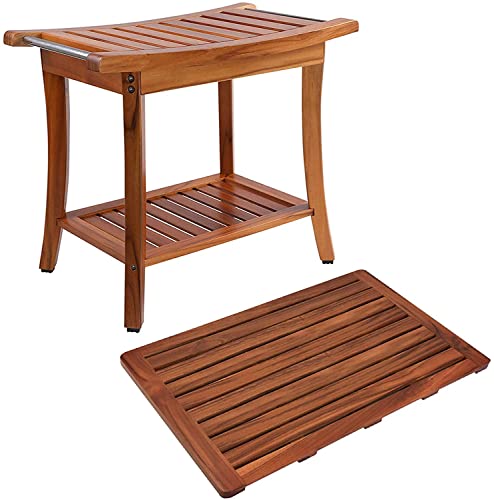 Teak Shower Bench Seat with Shower Mat,Portable Spa Bathing Stool and Bath Mat, Waterproof, Perfect for Indoor and Outdoor Use