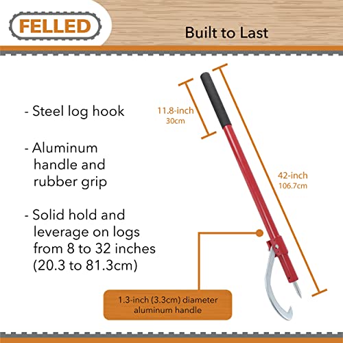 Felled Large Log Peavey Tool with Moving Hook - 8 to 32in Capacity Logger Peavy Hook Log Roller Tool with 42in Handle