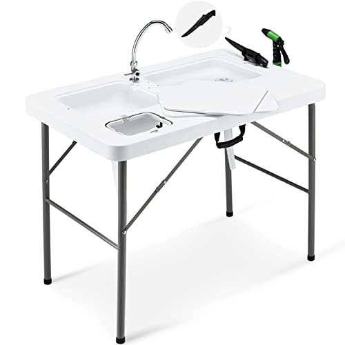 Avocahom Folding Fish Cleaning Table Portable Camping Sink Table w/Dual Water Basins, Faucet Drainage Hose & Sprayer Outdoor Fish Fillet Cleaning Station w/Knife