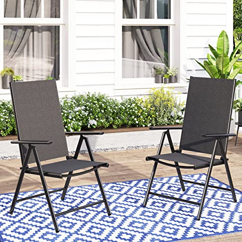 MFSTUDIO 2 PCS Folding Chairs with Arms,Portable Patio Dining Chairs with 7 Levels Adjustable for Outdoor & Indoor, Sling Back Chairs (Black)