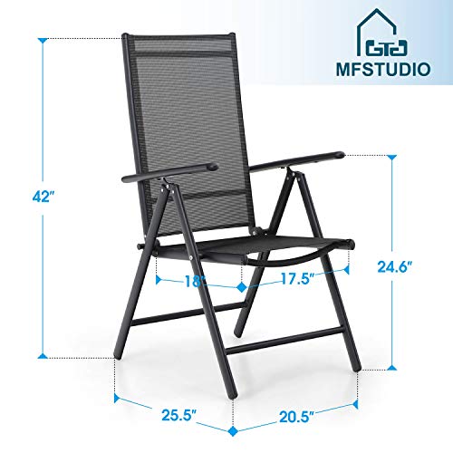 MFSTUDIO 2 PCS Folding Chairs with Arms,Portable Patio Dining Chairs with 7 Levels Adjustable for Outdoor & Indoor, Sling Back Chairs (Black)