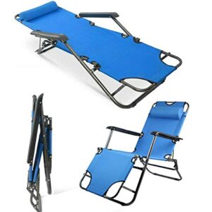 Patio Lounge Chair, Foldable Outdoor Beach Lounge Chairs Reclining Sun Pool Lawn Chaise with Pillow for Camping Patio Lawn (Blue)