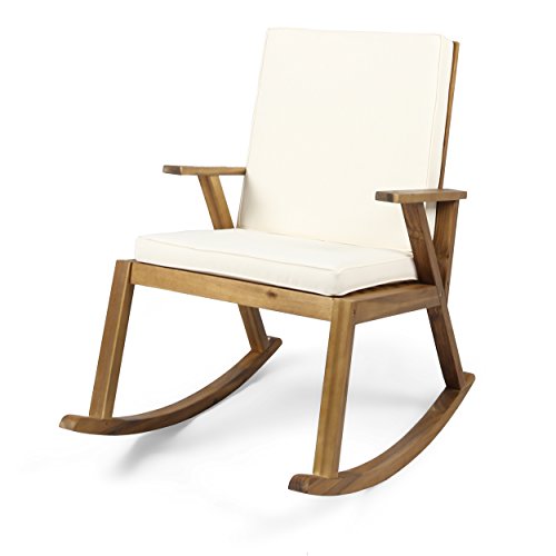 Christopher Knight Home Brent Outdoor Acacia Wood Rocking Chair with Water-Resistant, Teak Finish/Cream Cushion