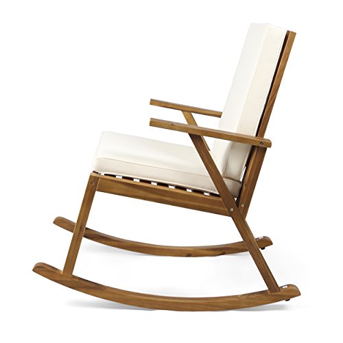 Christopher Knight Home Brent Outdoor Acacia Wood Rocking Chair with Water-Resistant, Teak Finish/Cream Cushion