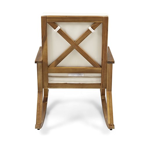 Christopher Knight Home Brent Outdoor Acacia Wood Rocking Chair with Water-Resistant, Teak Finish/Cream Cushion