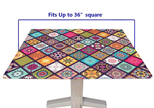 Boho Spring Fitted Tablecloth Square, Buffalo Plaid & Flower Elastic Edge Decor Table Clothes, Stain Wrinkle Resistant Polyester Table Cover for Indoor Outdoor Picnic Party Use, Fits 36x36 inch Table