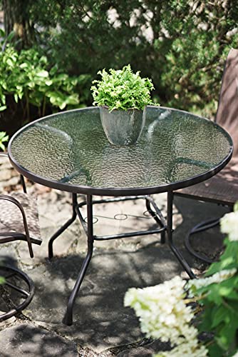 Garden Elements Sienna Metal Round Patio Glass Top Table, 40" (Brown)