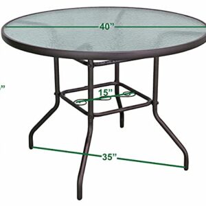 Garden Elements Sienna Metal Round Patio Glass Top Table, 40" (Brown)