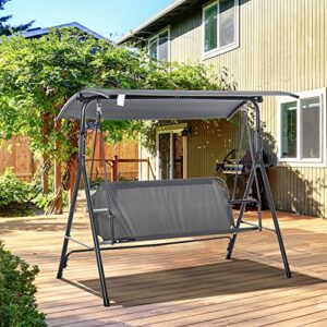 Outsunny Outdoor Patio Swing Chair, Seats 3 Adults, Includes Stand, Adjustable Sun Shade Canopy, Steel Frame, Shaded Bench, Gray