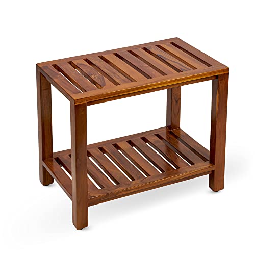 TeakCraft Teak Shower Bench with Shelf 21 Inch, Fully Assembled Teak Wood Shower Stool, Shower Bench for Elderly, Indoor and Outdoor Use, The Theia