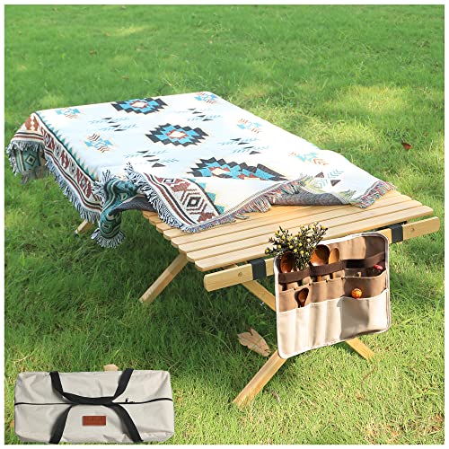 HUIHUIBI Portable Low Picnic Table,4Ft Bamboo Folding Camping Table with Carry Bag and Tablecloth,Foldable Beach Table for Camping,BBQ,Travel,Backyard Patio Party