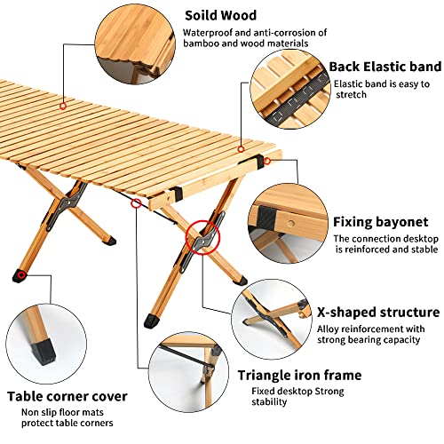 HUIHUIBI Portable Low Picnic Table,4Ft Bamboo Folding Camping Table with Carry Bag and Tablecloth,Foldable Beach Table for Camping,BBQ,Travel,Backyard Patio Party