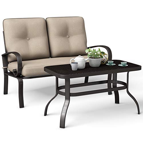 Casart Modern Loveseat and Coffee Table Set, 2 Pcs Loveseat Furniture Set with Cushion and Metal Frame, Perfect for Patio, Garden and More