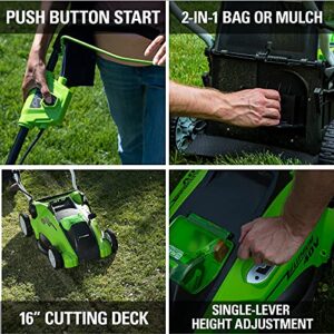 Greenworks 40V 16" Cordless Electric Lawn Mower, 4.0Ah Battery and Charger Included