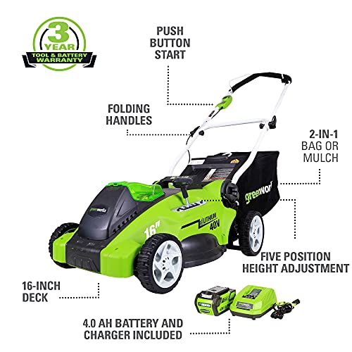 Greenworks 40V 16" Cordless Electric Lawn Mower, 4.0Ah Battery and Charger Included