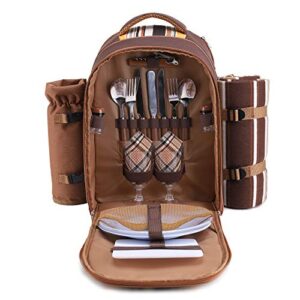 apollo walker picnic backpack bag for 2 person with cooler compartment, detachable bottle/wine holder, fleece blanket, plates and cutlery(2 person, brown)