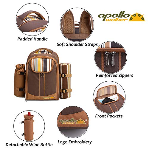 apollo walker Picnic Backpack Bag for 2 Person with Cooler Compartment, Detachable Bottle/Wine Holder, Fleece Blanket, Plates and Cutlery(2 Person, Brown)