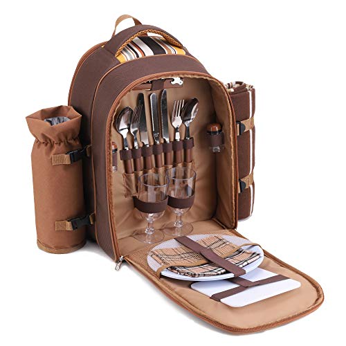 apollo walker Picnic Backpack Bag for 2 Person with Cooler Compartment, Detachable Bottle/Wine Holder, Fleece Blanket, Plates and Cutlery(2 Person, Brown)