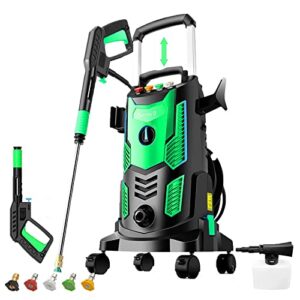 suyncll electric pressure washer – 2.2gpm power washers electric powered with 360° spinner wheel, 5 quick connect nozzles, 500ml foam cannon, total stop system cleans cars/fences/patios, 1800w(green)