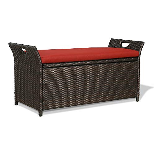 Iwicker Patio Wicker Storage Bench,Outdoor Rattan Deck Box with Cushion, Red