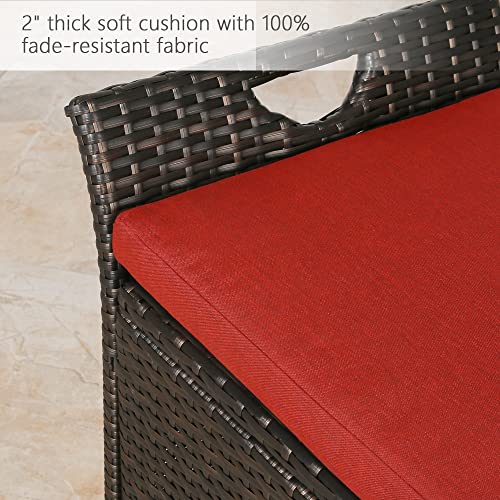 Iwicker Patio Wicker Storage Bench,Outdoor Rattan Deck Box with Cushion, Red