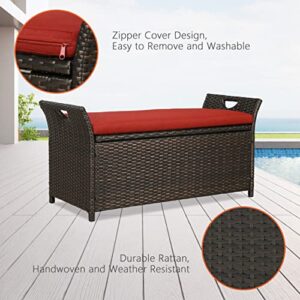 Iwicker Patio Wicker Storage Bench,Outdoor Rattan Deck Box with Cushion, Red