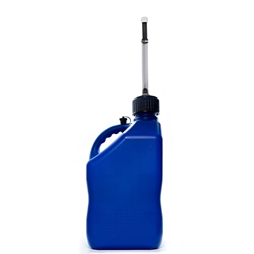 VP Racing Fuels 5 Gallon Square Motorsport Utility Jug Blue w/ 14 Inch Standard Hose. Features Close-Trimmed Cap and Neck for Tight Seal