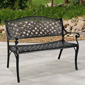 giodir outdoor patio garden bench all-weather cast aluminum loveseats park yard furniture porch chair work entryway decor w/checkered design (black)